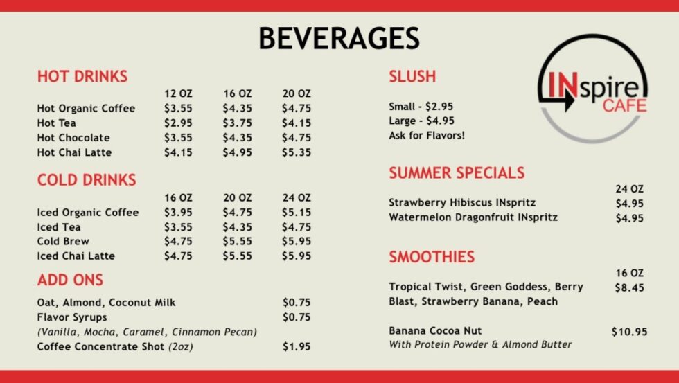 The Menu | INspire Cafe | Wakefield